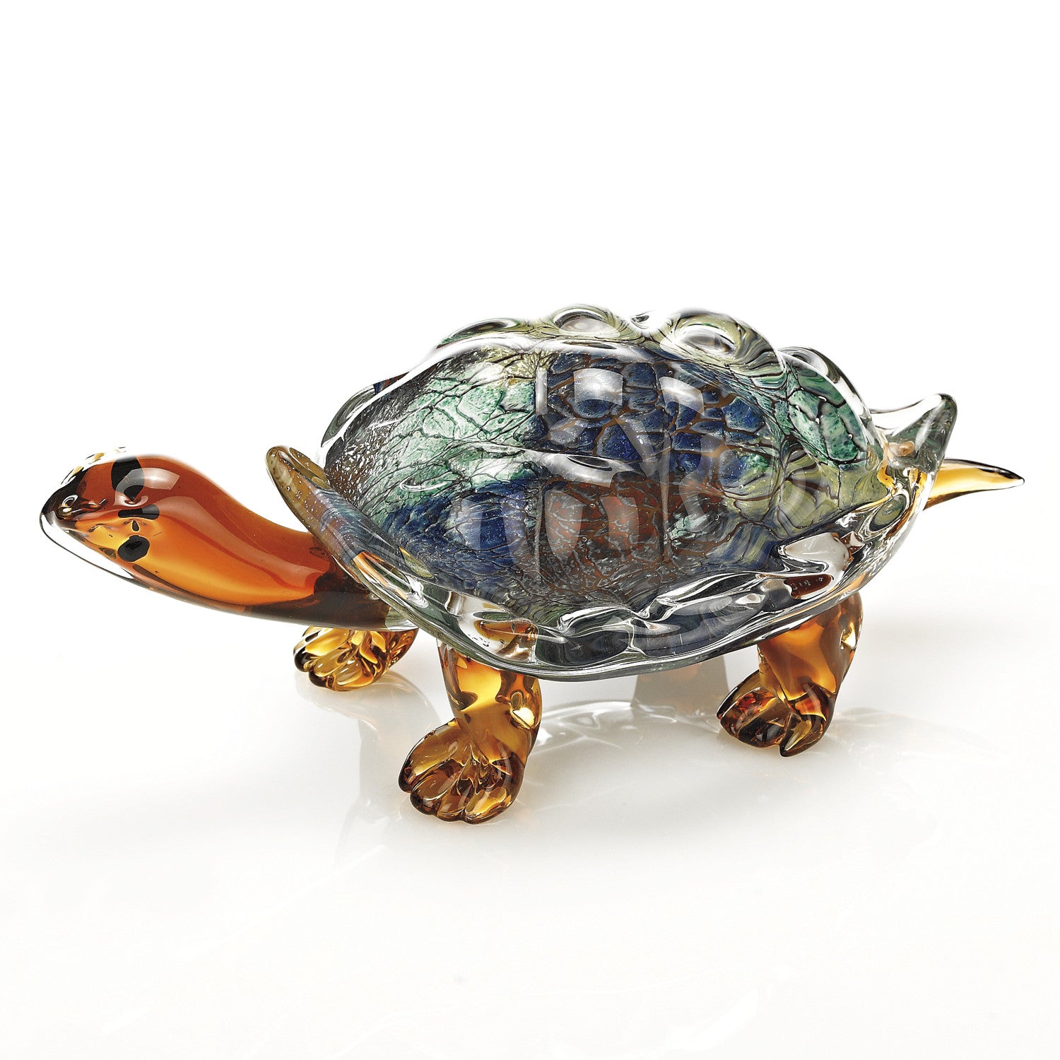7" Clear Brown and Green Murano Glass Turtle Figurine Tabletop Sculptu